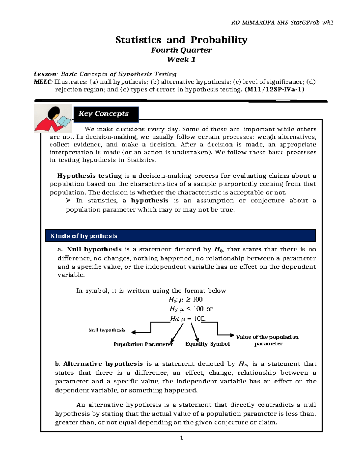 SHS Stat Prob Q4 W1edited - Kinds of hypothesis Statistics and Probability Fourth Quarter Week 1 ...