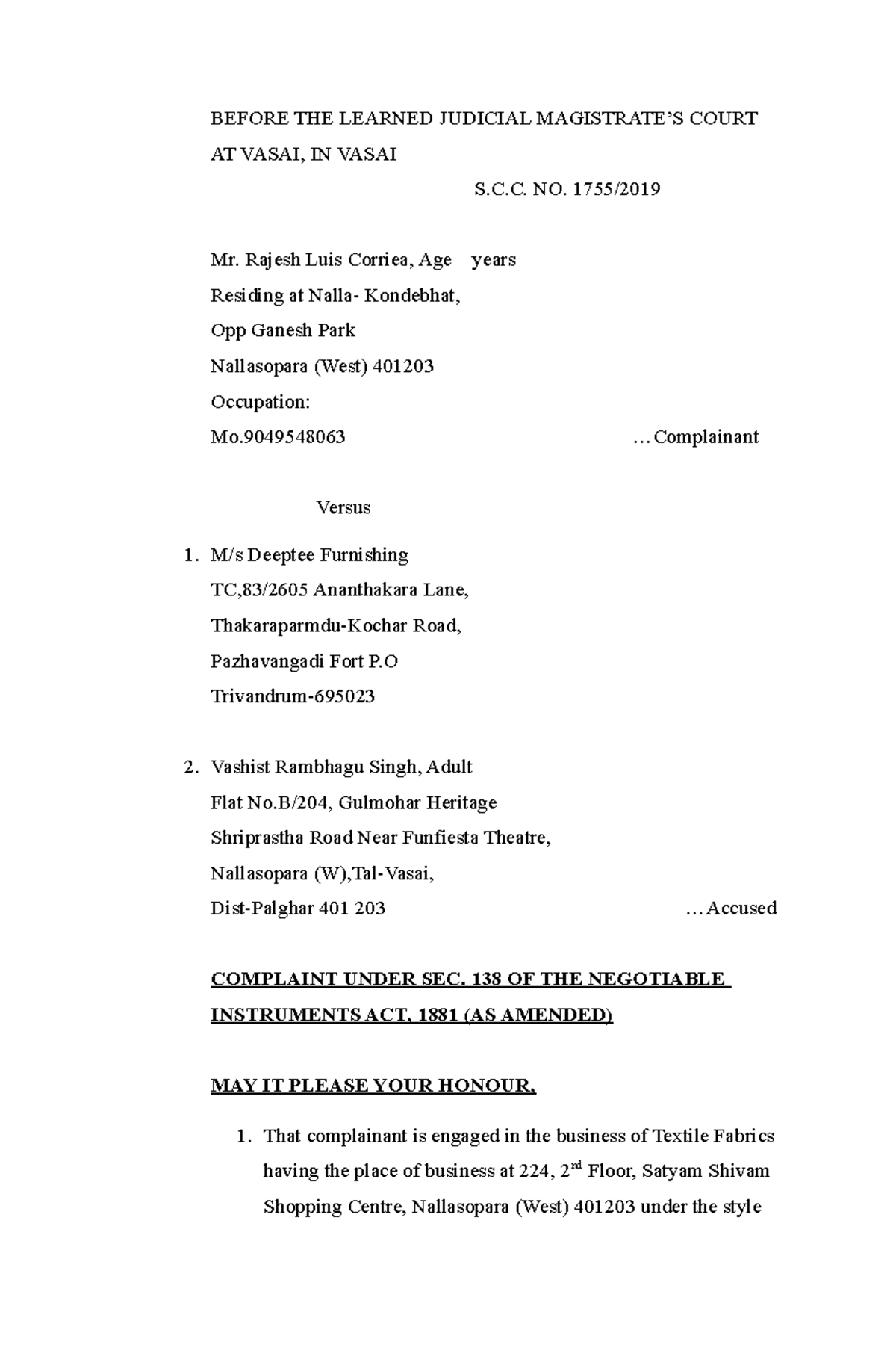 138 Rajesh corries court matter - BEFORE THE LEARNED JUDICIAL ...