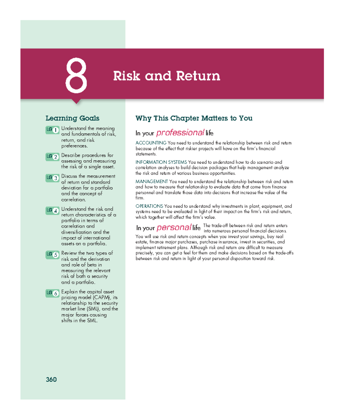 Gitman chapter 8 - 360 Risk and Return 8 ####### Learning Goals LG 1 understand the meaning and ...