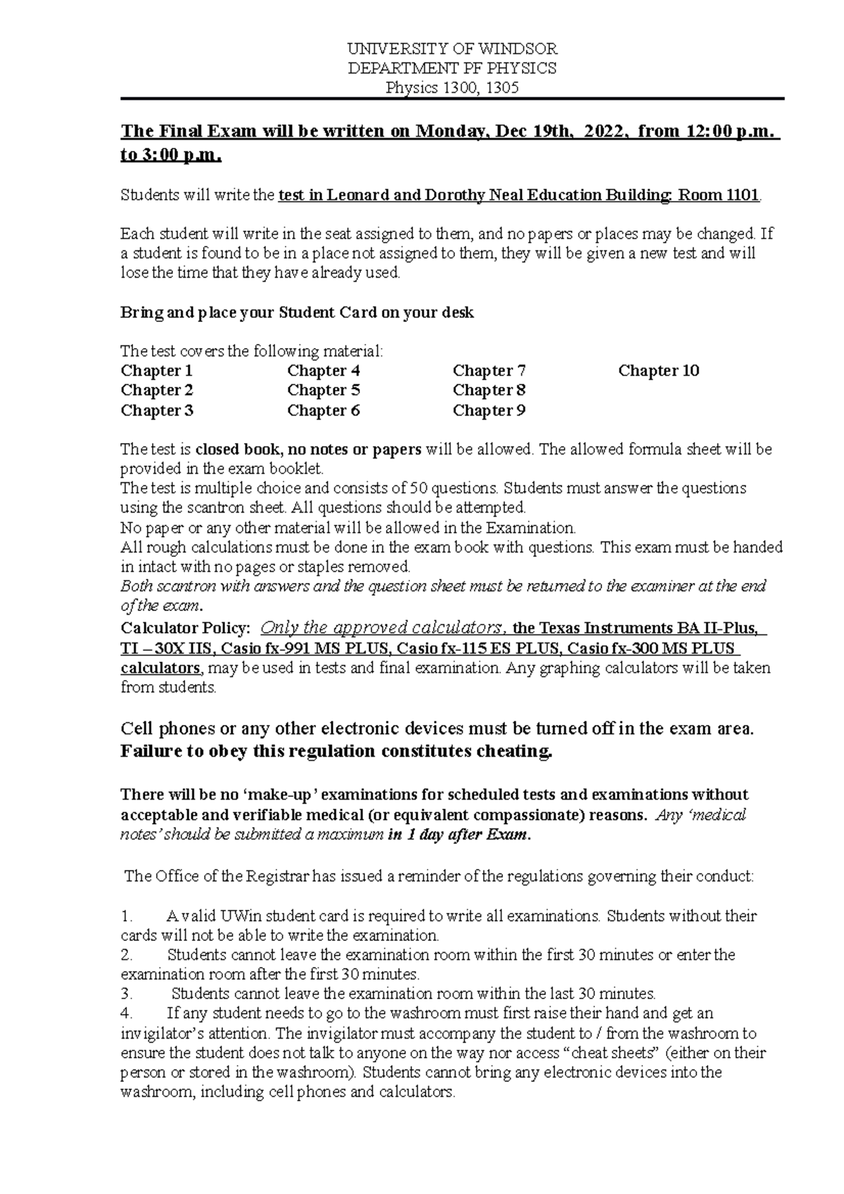 Handout for Exam 2022 - overview - UNIVERSITY OF WINDSOR DEPARTMENT PF ...
