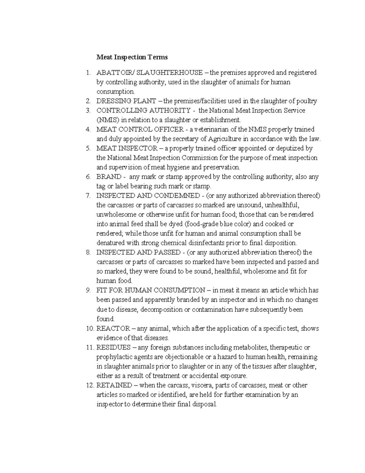 Slaughter - LIVESTOCK NOTES - Meat Inspection Terms ABATTOIR ...