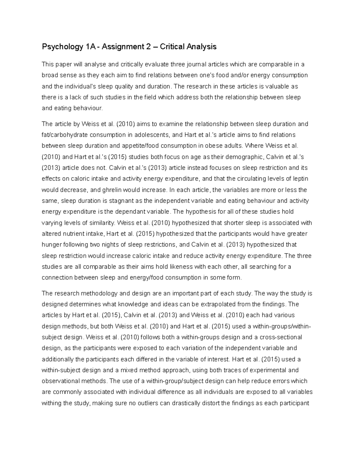 Psych 1a critical analysis final - Psychology 1A - Assignment 2 ...