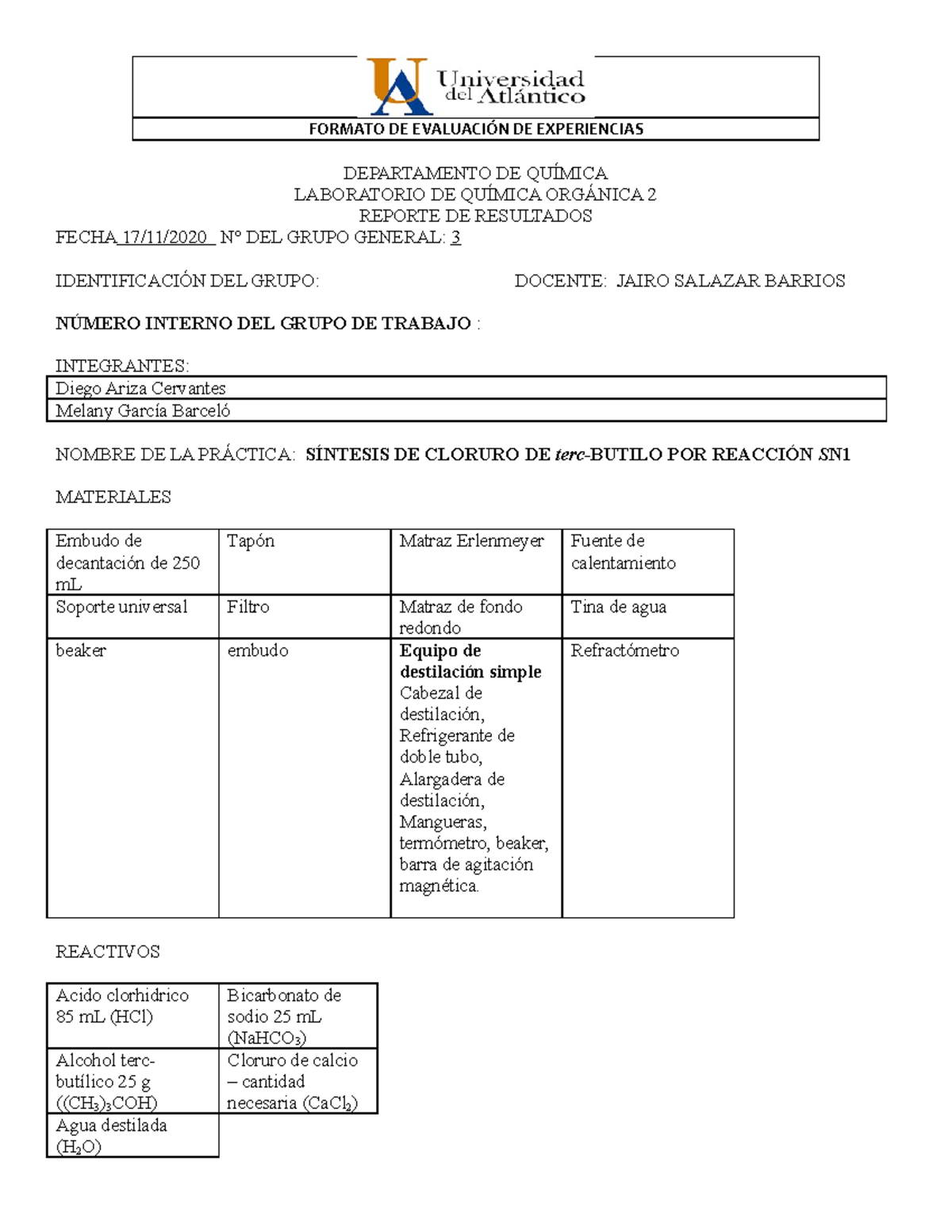 Inf 2.Síntesis de cloruro de terc-Butilo por Sn1 - FORMATO DE ...