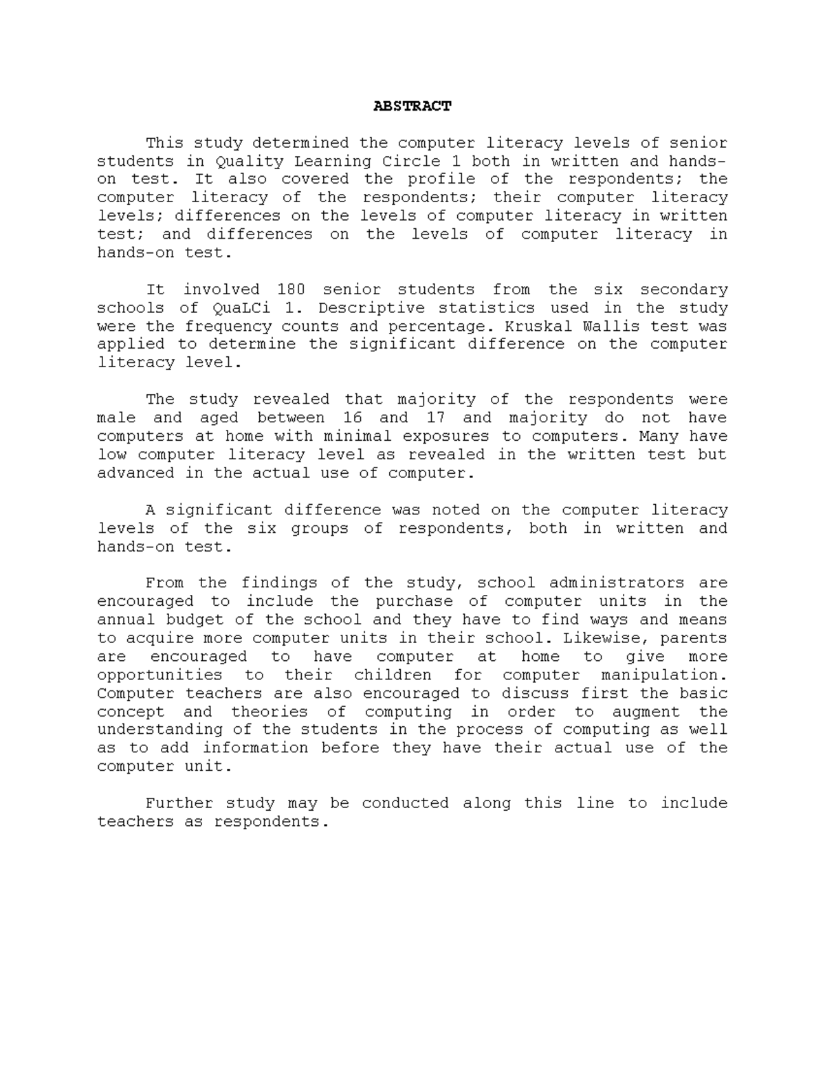 Joaquin abstract - sss - ABSTRACT This study determined the computer ...