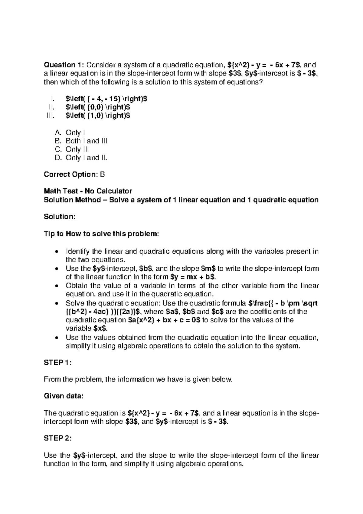 Solve a system of 1 linear equation and 1 quadratic equation Hard 17 ...