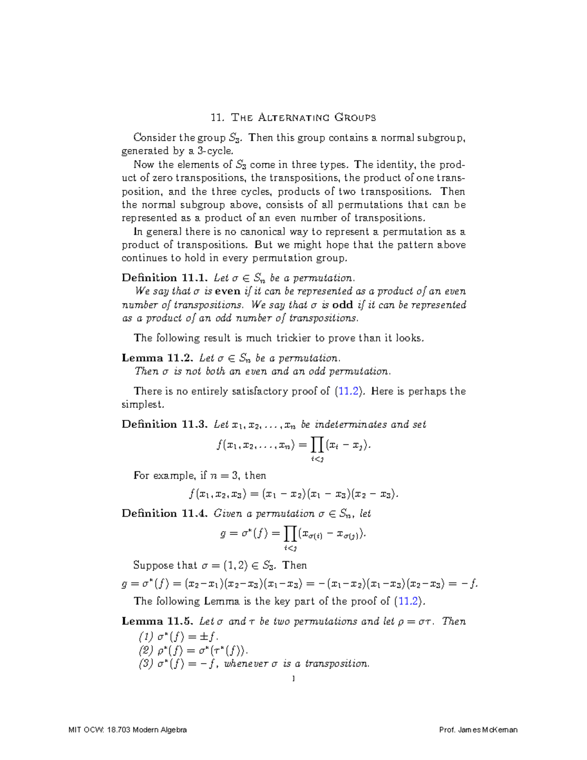 The Alternating Groups - MIT OCW: 18 Modern Algebra Prof. James ...