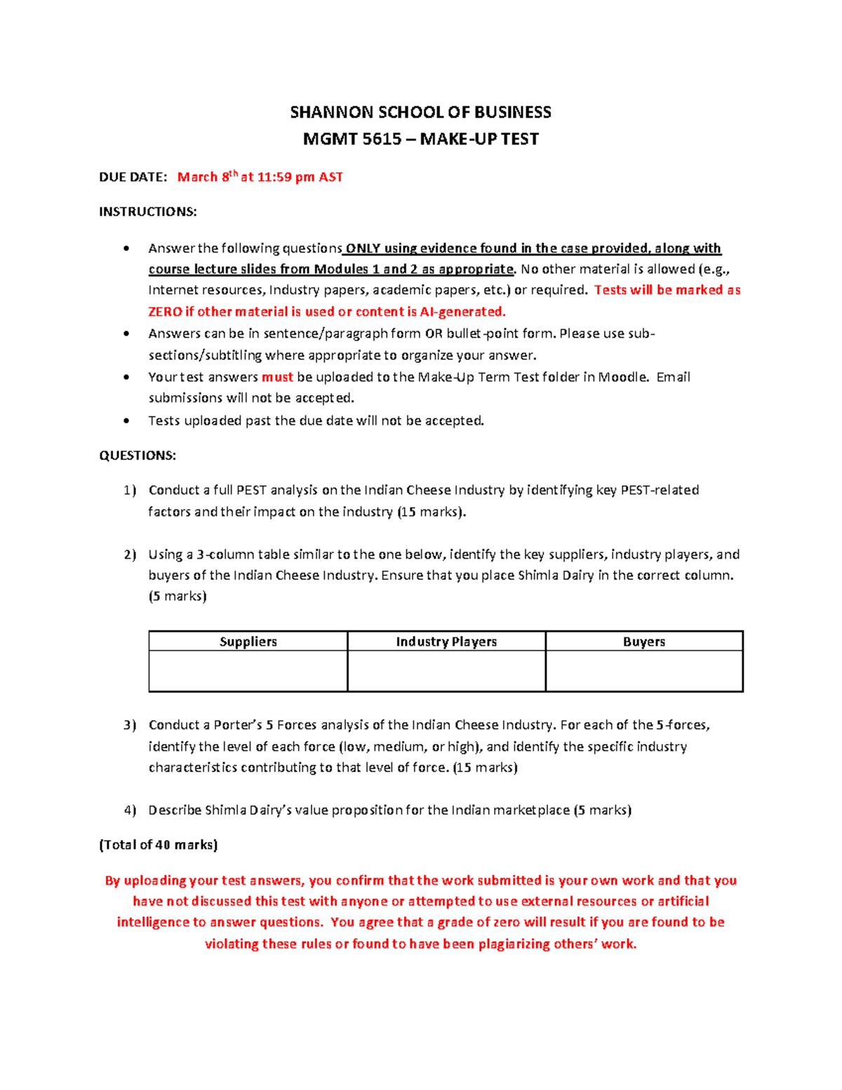 Make-up test Cover Page - SHANNON SCHOOL OF BUSINESS MGMT 5615 – MAKE ...