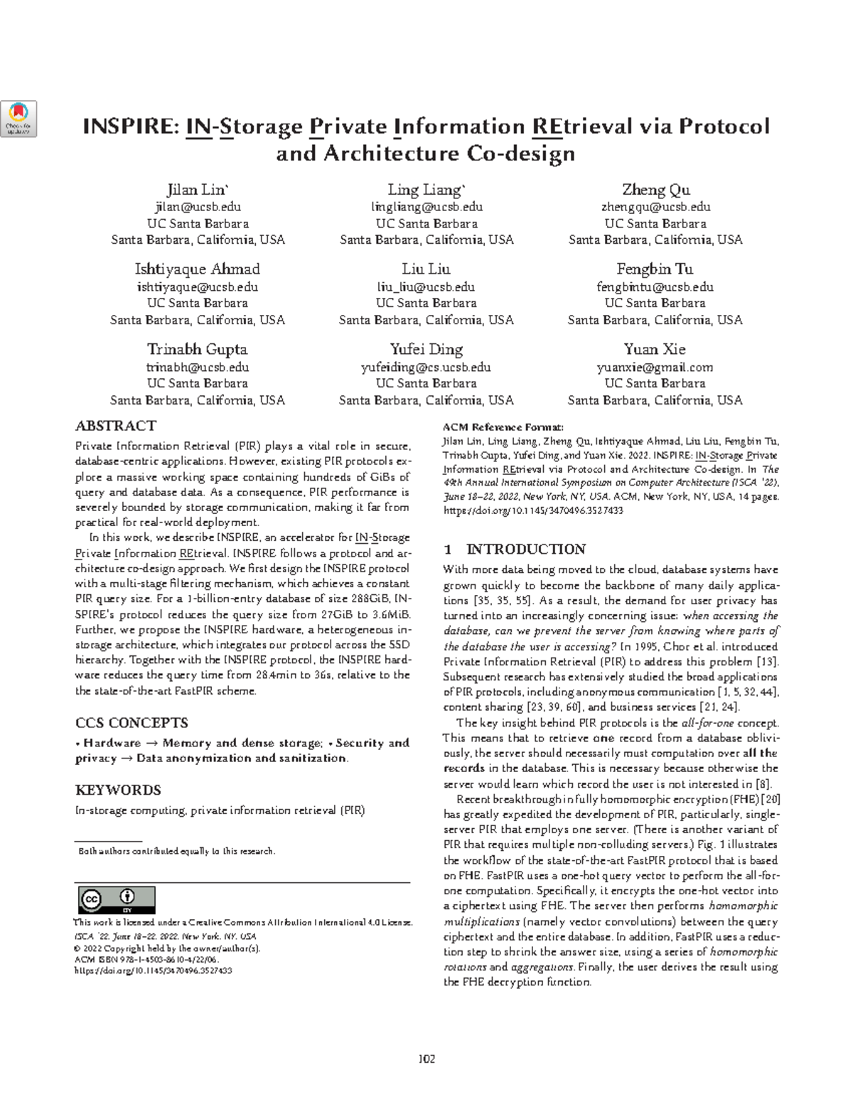 Csa project pdf - INSPIRE: IN-Storage Private Information REtrieval via ...