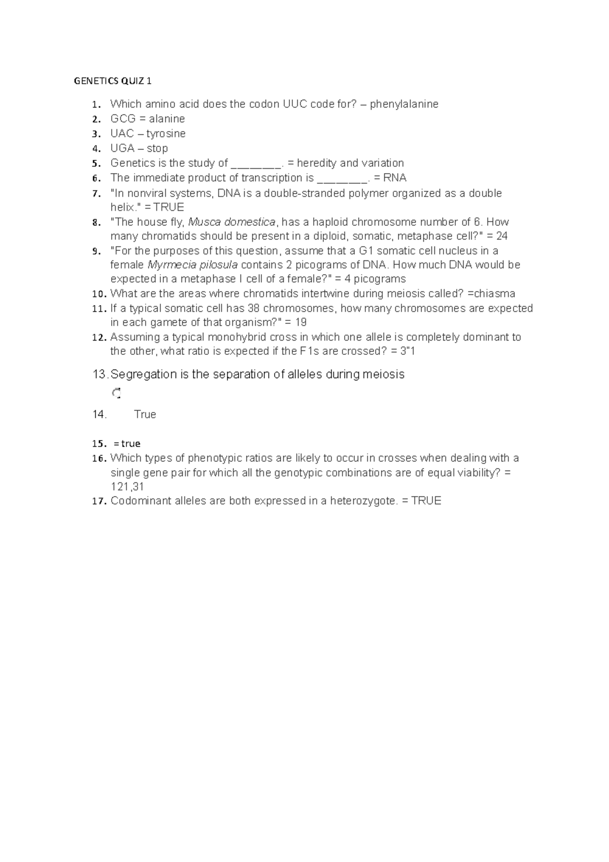 Genetics QUIZ 1 - Quiz 1 - GENETICS QUIZ 1 Which amino acid does the ...