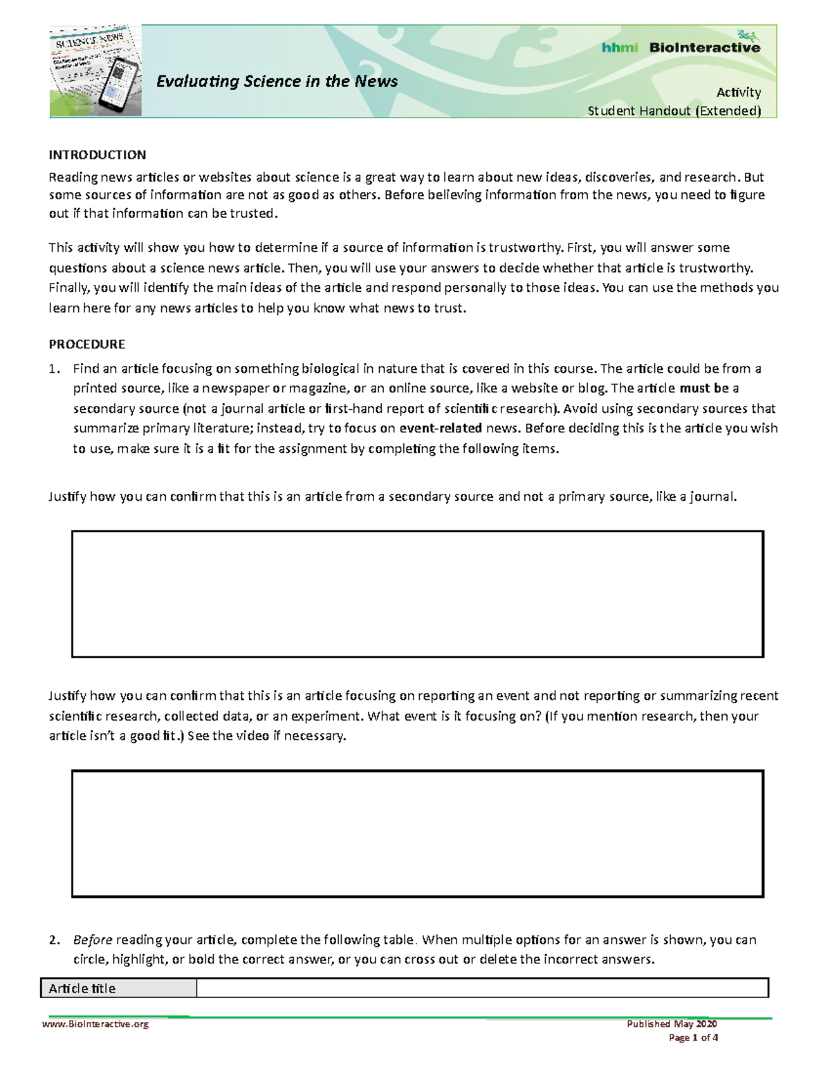 Evaluating Science in the News.Student (1) - INTRODUCTION Reading news ...