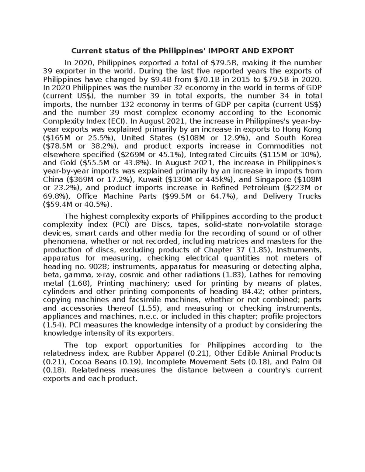Course Work 3 and 4 - Current status of the Philippines' IMPORT AND ...