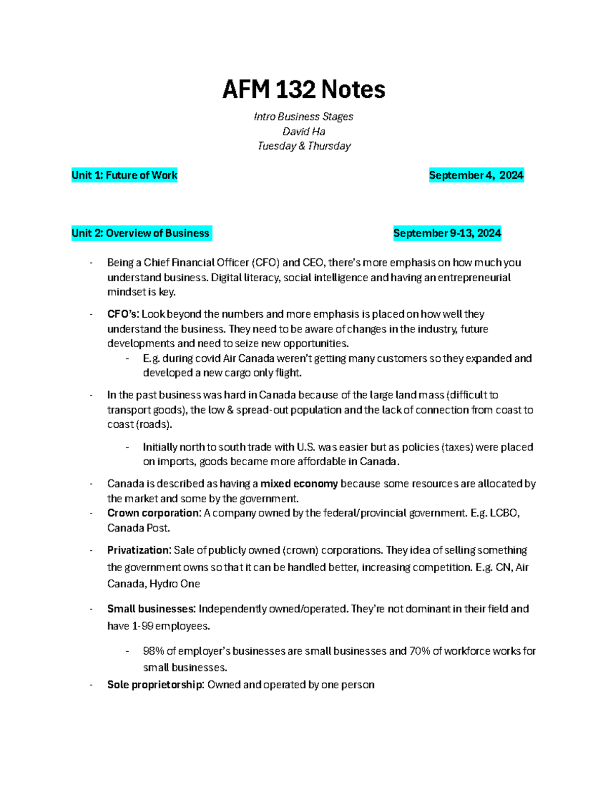 132 Chapter 1-6 - Midterm Review - AFM 1 32 Notes Intro Business Stages ...