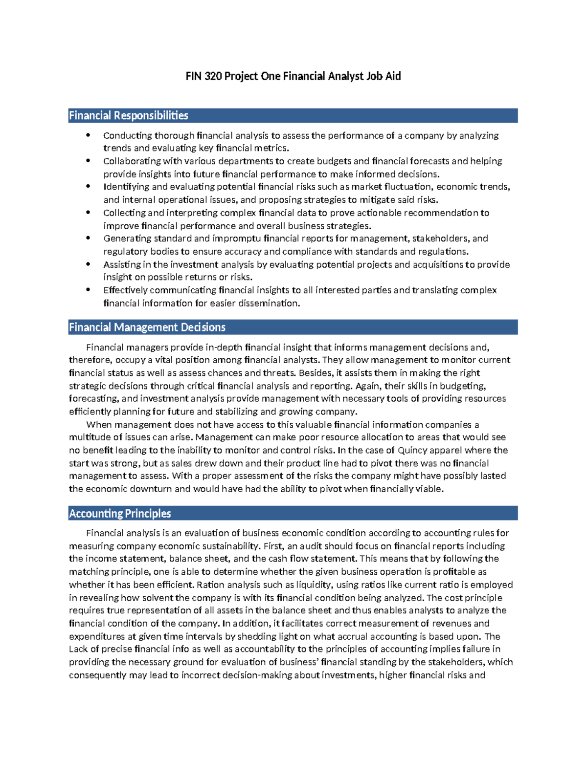 FIN 320 Project One Financial Analyst Job Aid MC - FIN 320 Project One ...
