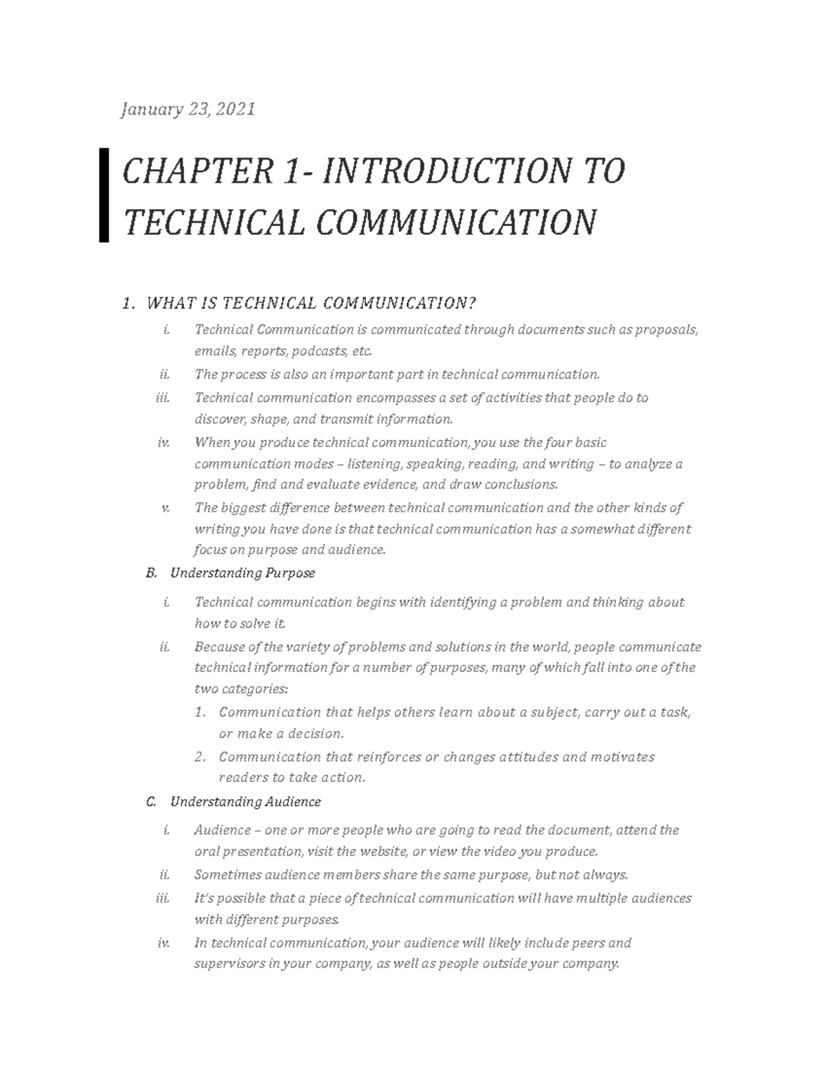 Chapter 1 Notes - January 23, 2021 CHAPTER 1- INTRODUCTION TO TECHNICAL ...