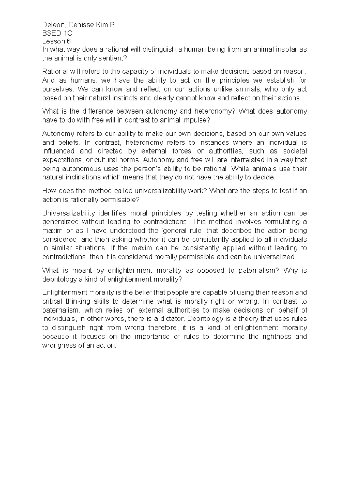 In what way does a rational will distinguish a human being from an ...