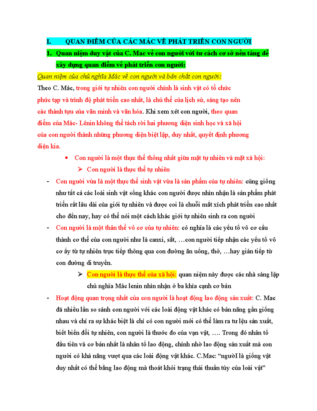 QUAN ĐIỂM CỦA CÁC MÁC VỀ PHÁT TRIỂN CON NGƯỜI - I. QUAN ĐIỂM CỦA CÁC ...