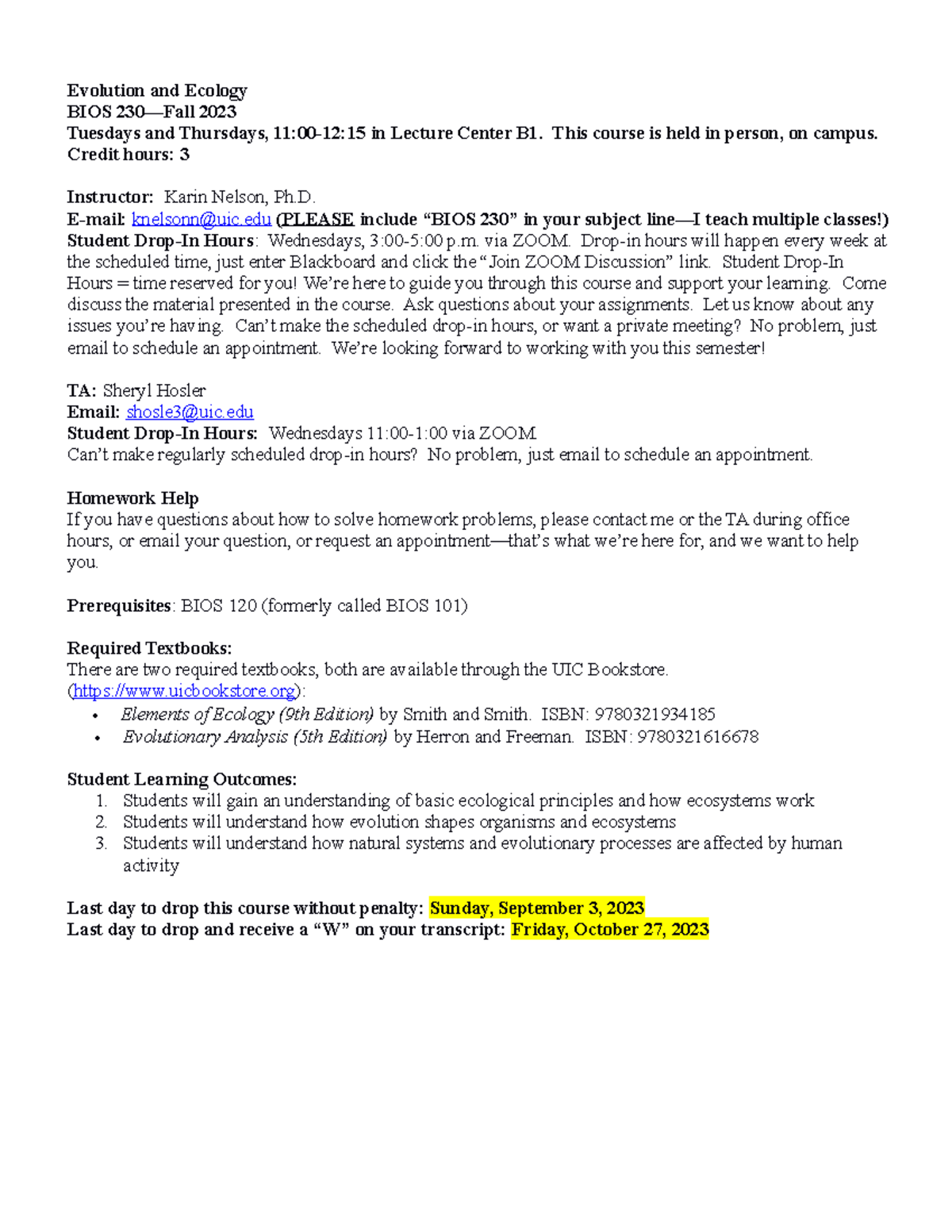 Syllabus BIOS 230 Ecol+Evol Fall 2023 - Evolution and Ecology BIOS 230 ...