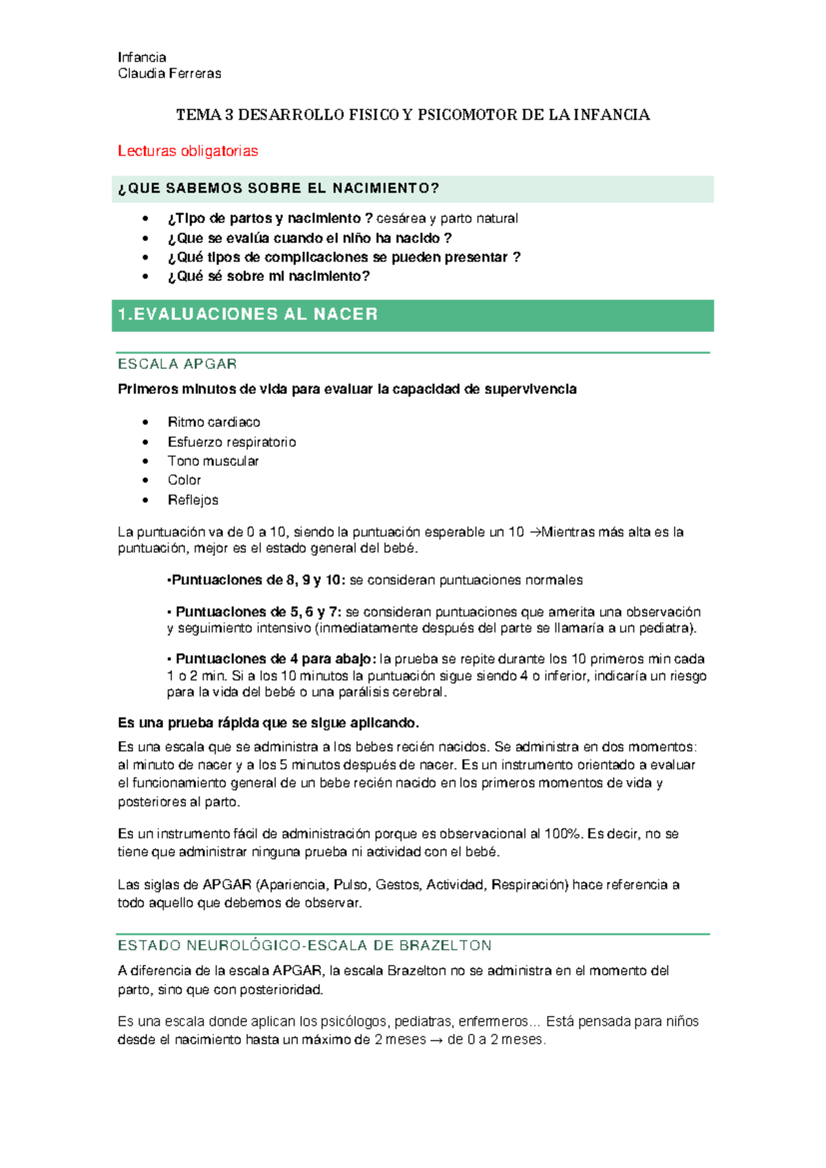 TEMA 3 Desarrollo Fisico Y Psicomotor DE LA Infancia - Claudia Ferreras TEMA 3 DESARROLLO FISICO ...
