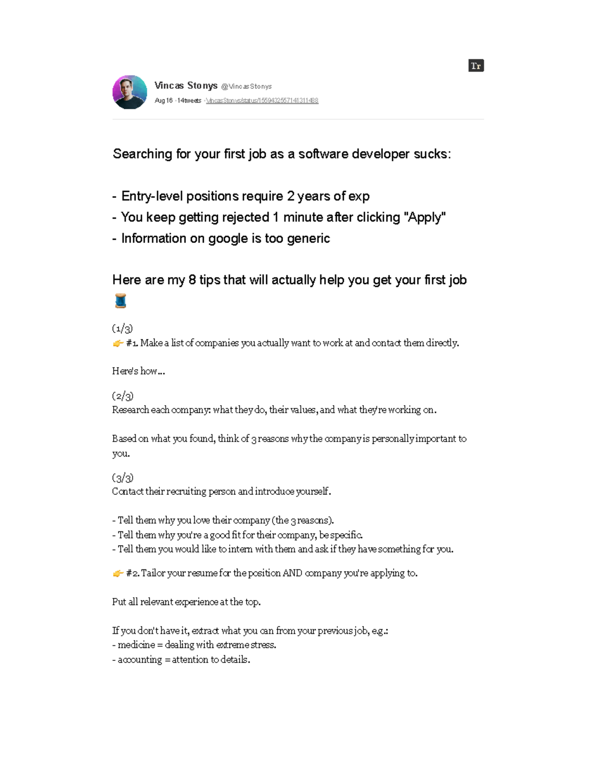 Bonus 8 Tips For Getting A Job a Junior Developer - Vincas Stonys Aug 16 • 14 tweets • - Studocu