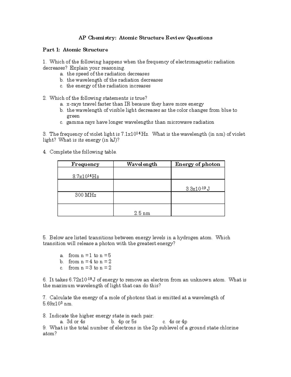 Atomic Structure Review Questions - a. the speed of the radiation ...
