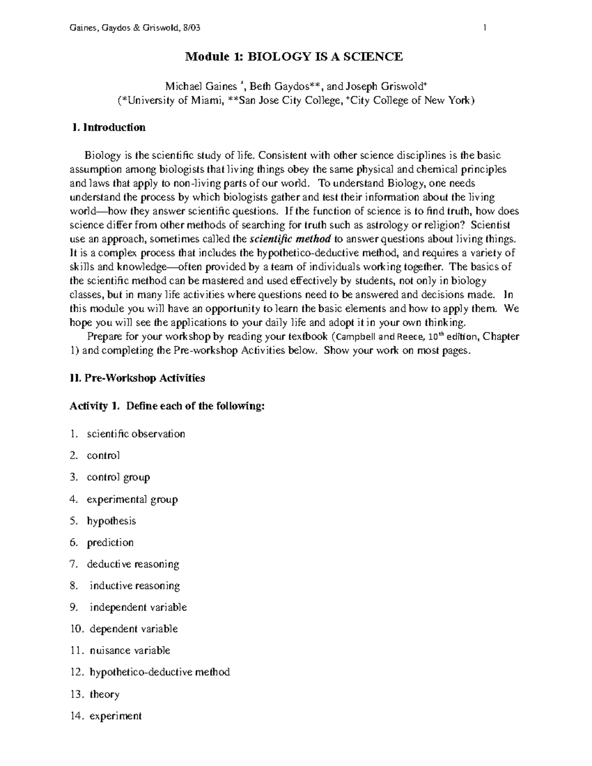 Module 1 Biology is a Science Pre-Assignment - Gaines, Gaydos ...