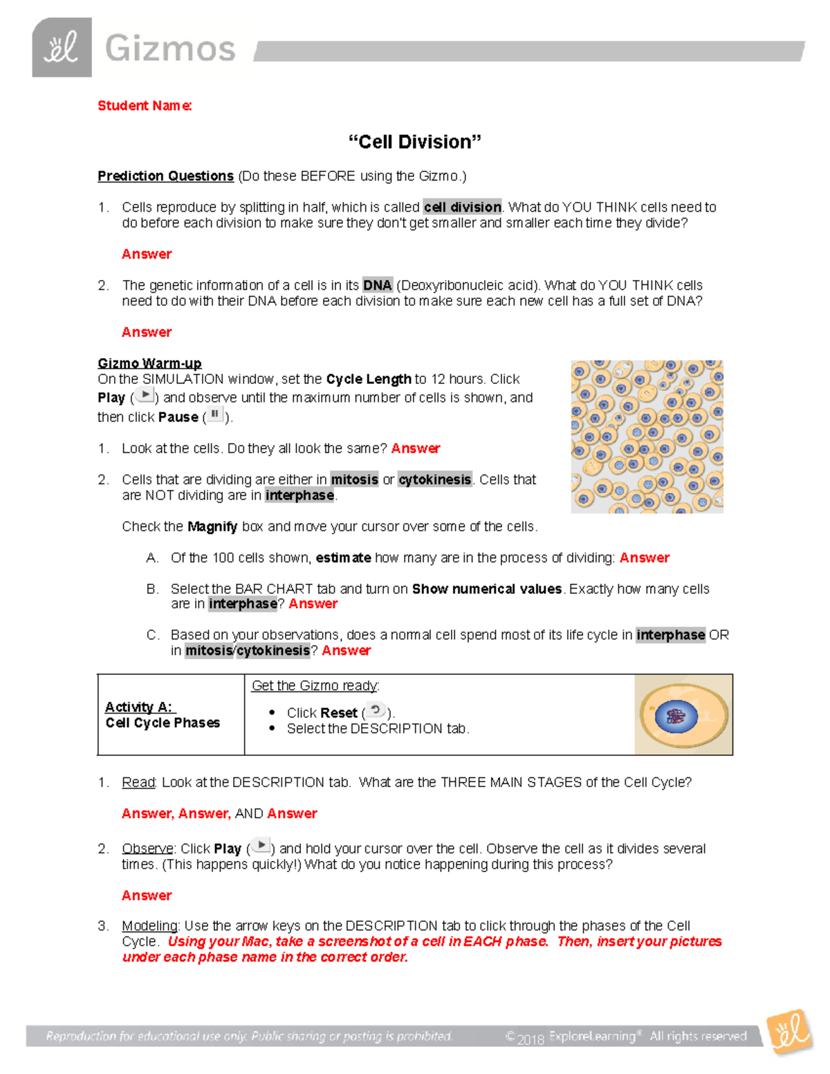 Cell Division Gizmo Bonus - 2018 Student Name: “Cell Division ...
