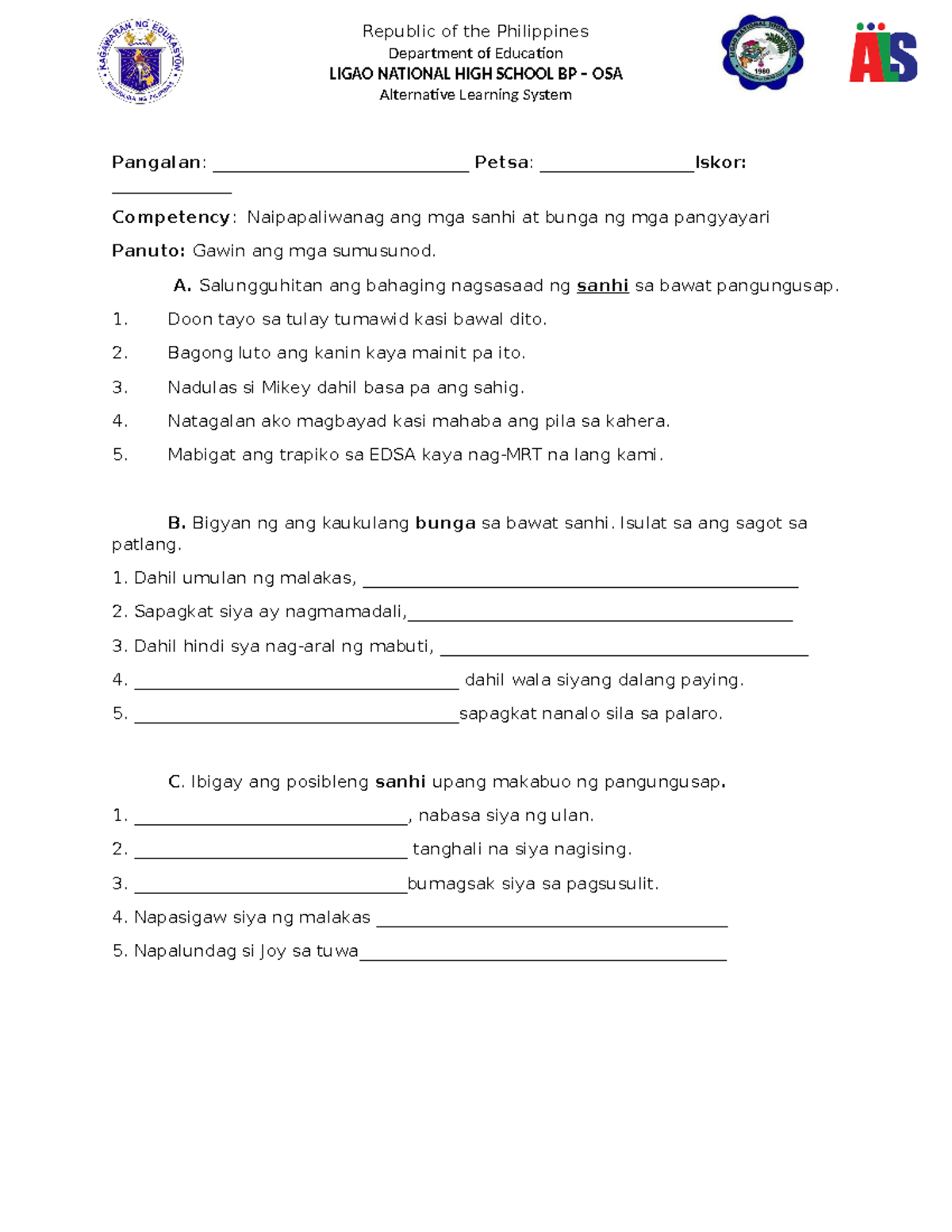 LS1-FIL2 - worksheet - Republic of the Philippines Department of ...
