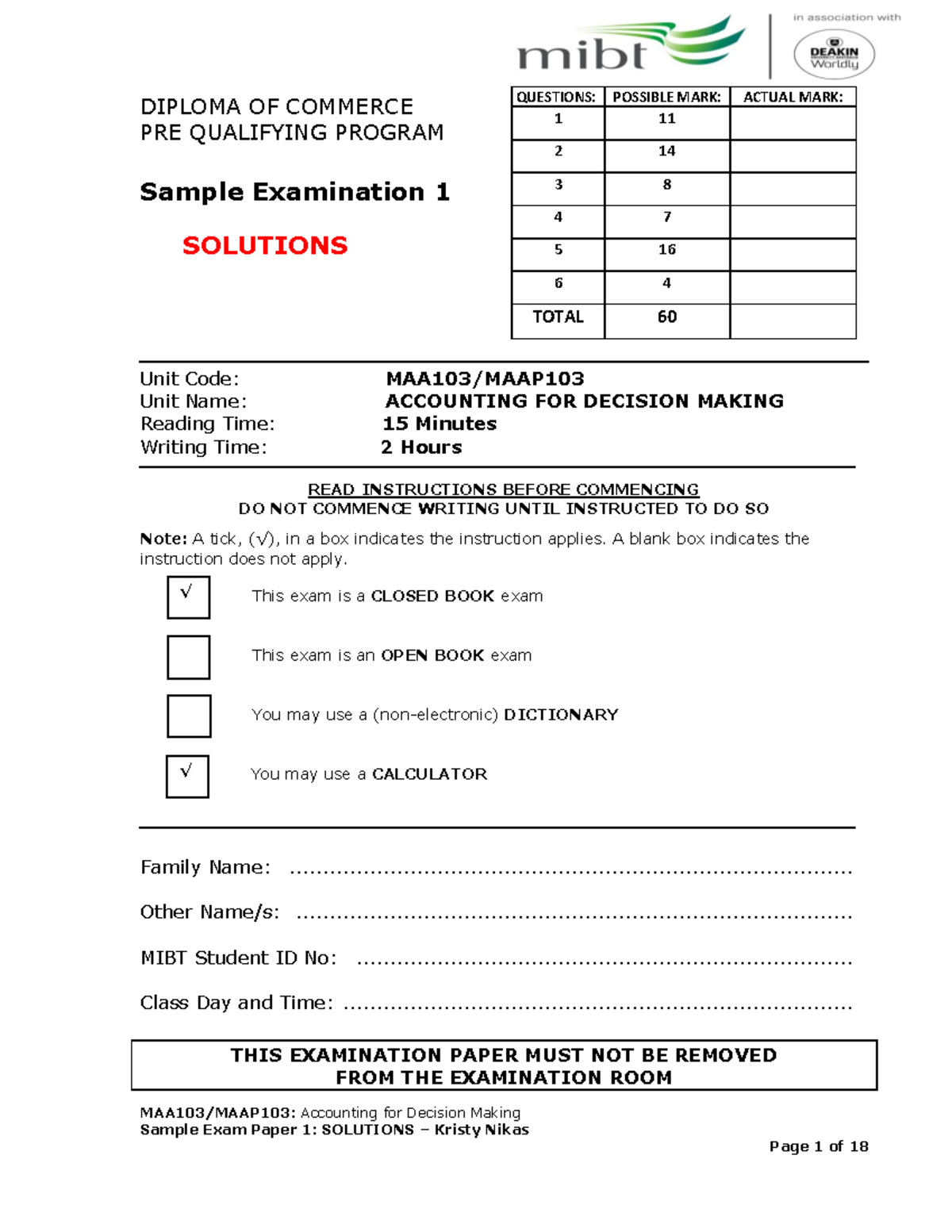 MAA103 - Sample Exam Paper 1 - Solutions - Use this on portal (2 ...