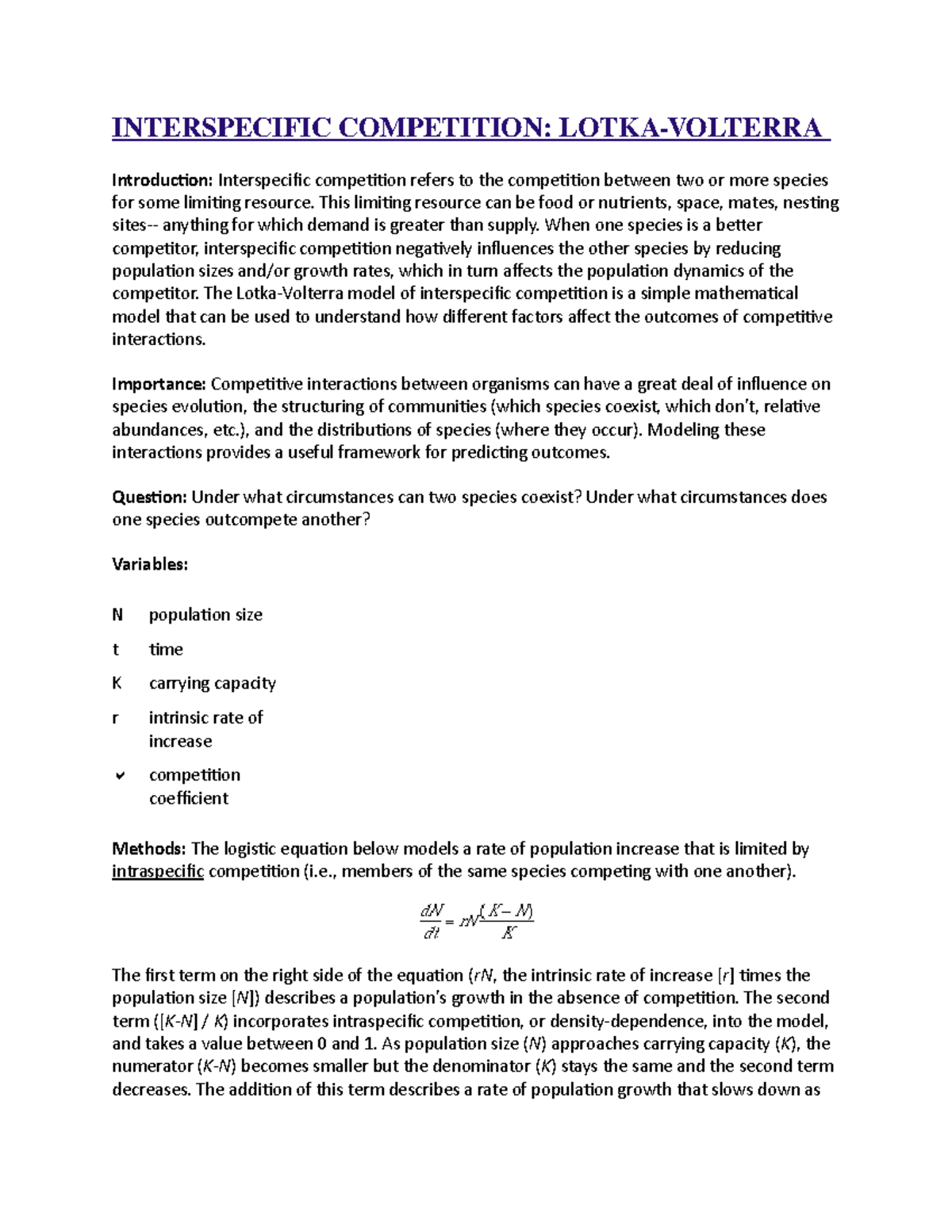 Interspecific competition model(lotka - INTERSPECIFIC COMPETITION ...