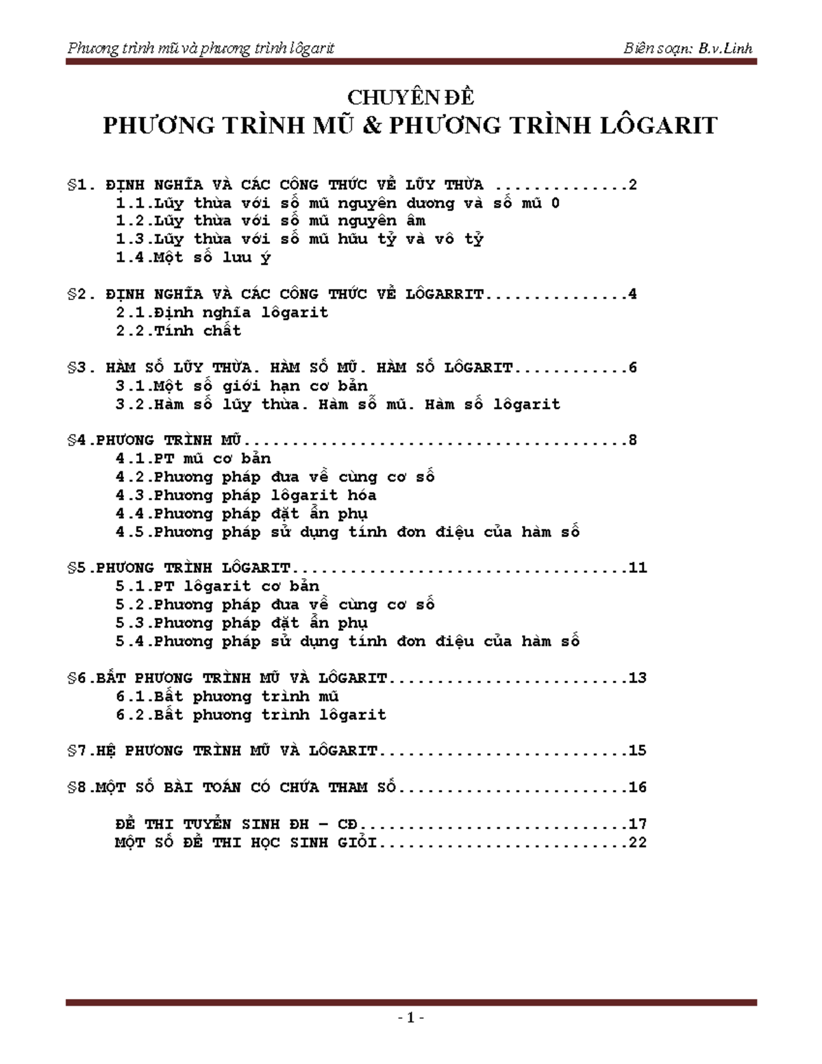 D2. PHƯƠNG Trình MŨ - Logarit - CHUYÊN ĐÀ ####### PH£¡NG TRÌNH Mi & PH£¡NG TRÌNH LÔGARIT ß1 ...