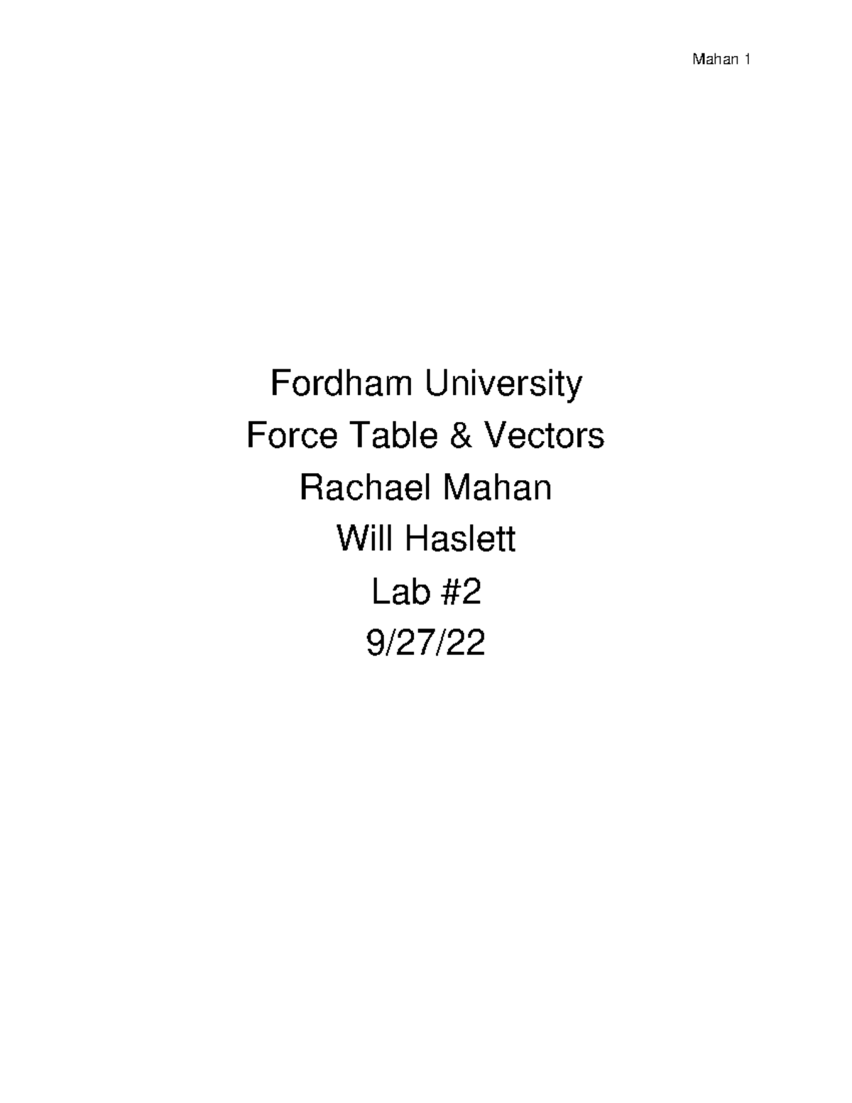 Lab Report 2 - Force Tables - Fordham University Force Table & Vectors ...