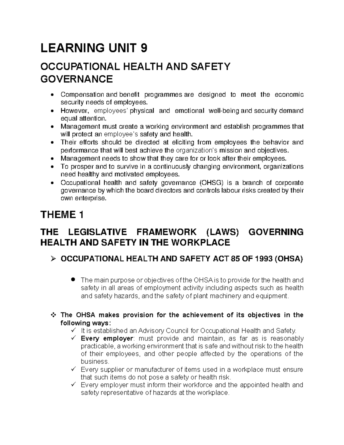 Learning UNIT 9 - notes - LEARNING UNIT 9 OCCUPATIONAL HEALTH AND ...