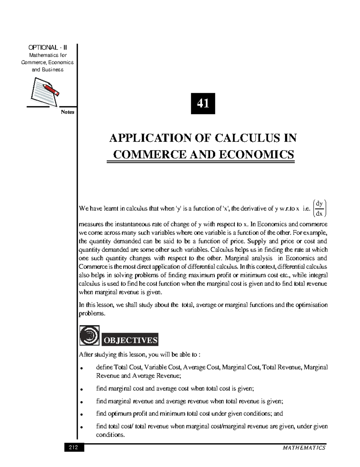 Applications of Calculus in economics - Notes 212 OPTIONAL - II ...
