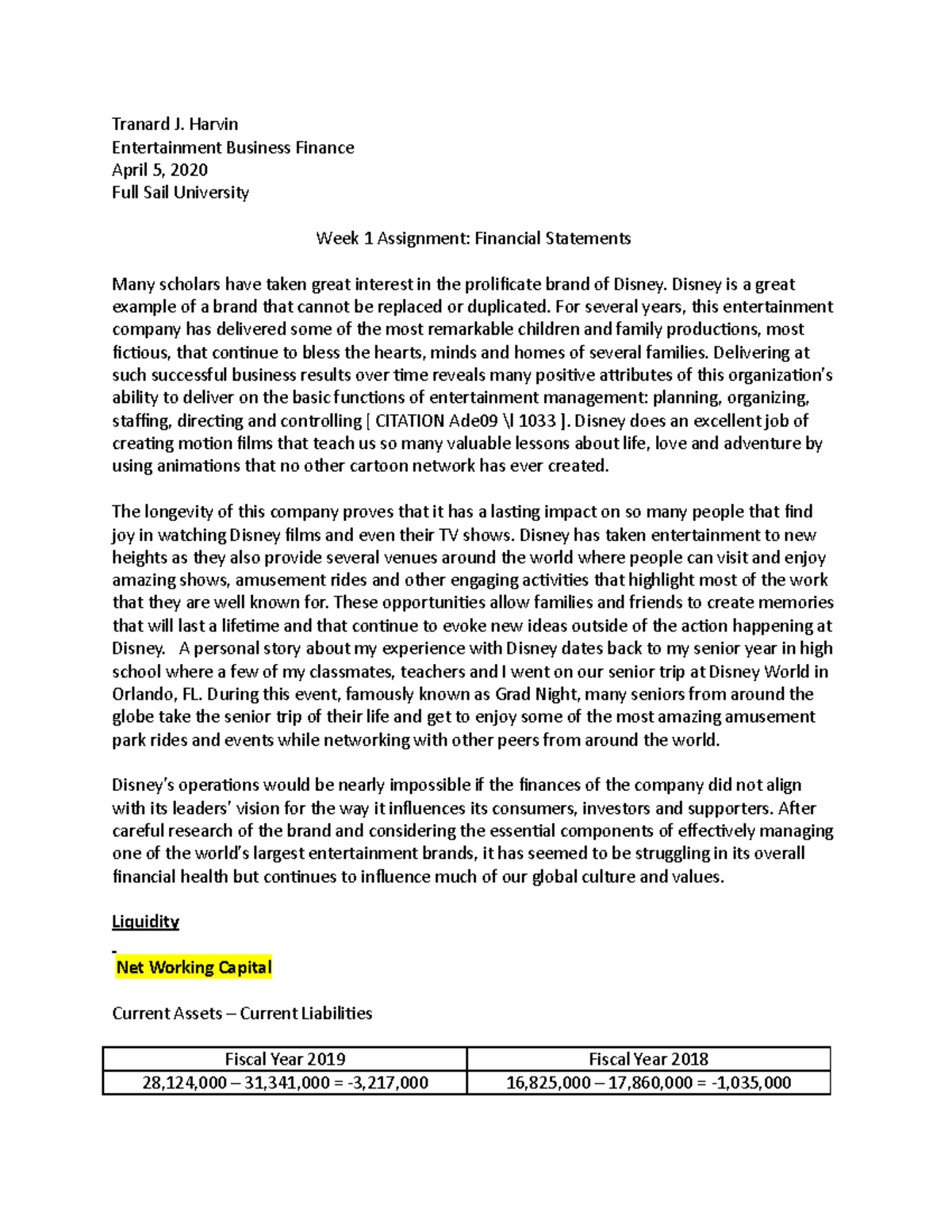 Week 1 Assignment - Tranard J. Harvin Entertainment Business Finance April 5, 2020 Full Sail ...