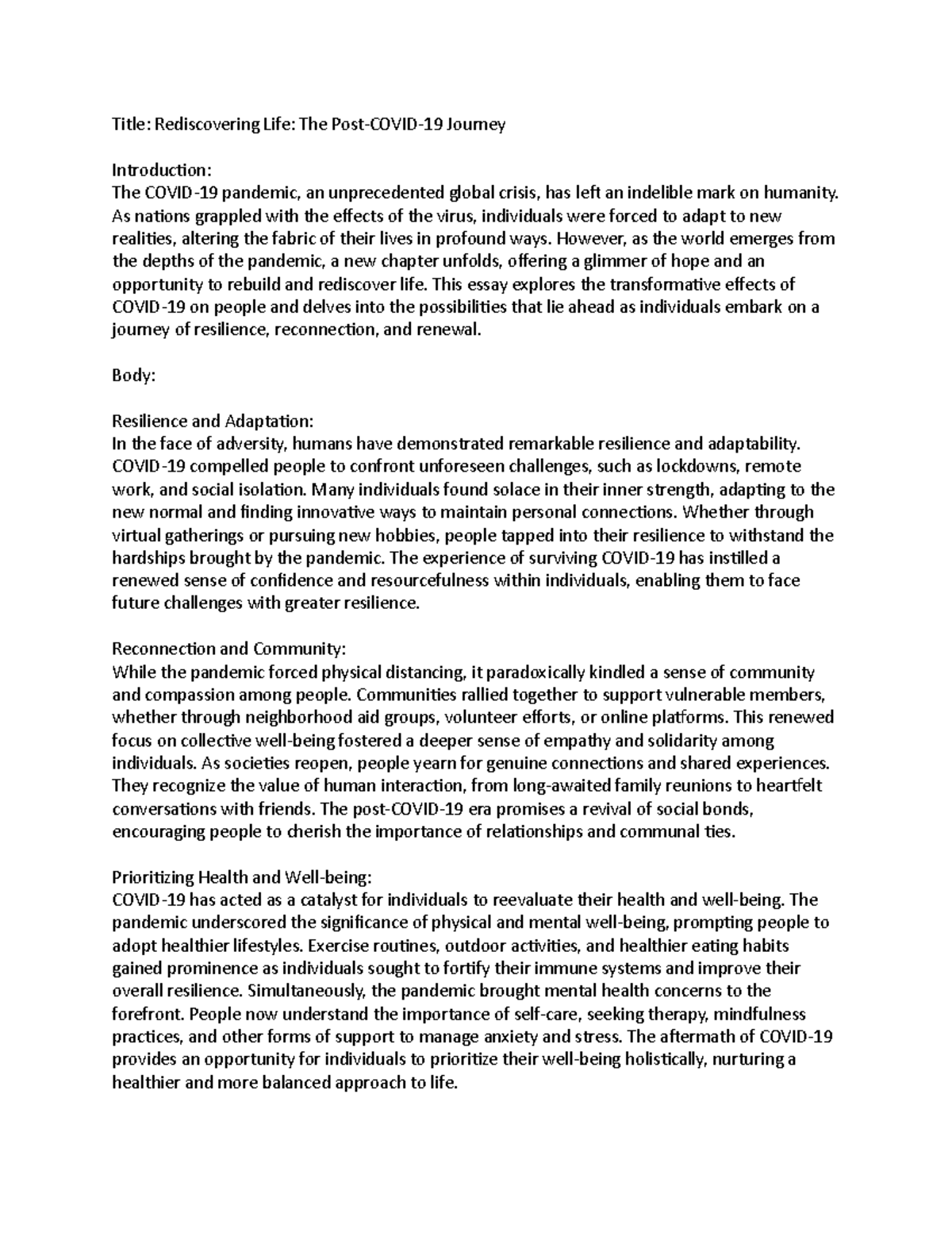 Essay 1 - Rediscovering Life: The Post-COVID-19 Journey - Title ...