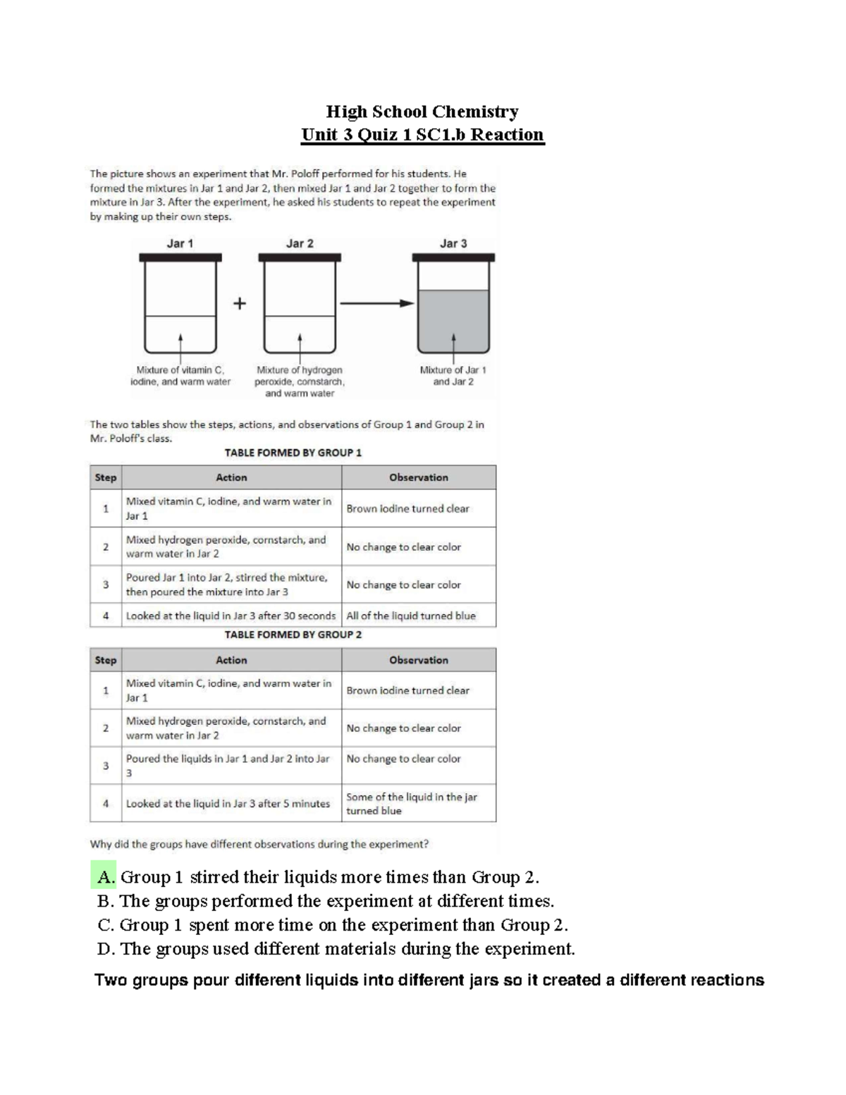 CFA 1 Reactions - High School Chemistry Unit 3 Quiz 1 SC1 Reaction A ...