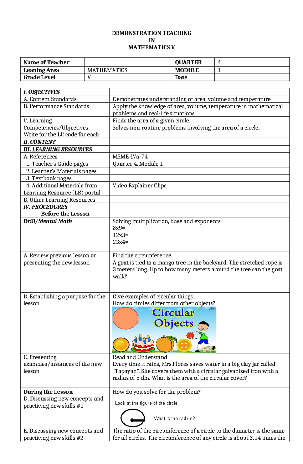 DLP AREA OF A Circle - dlp - 1. Look at the figure of the circle. What ...