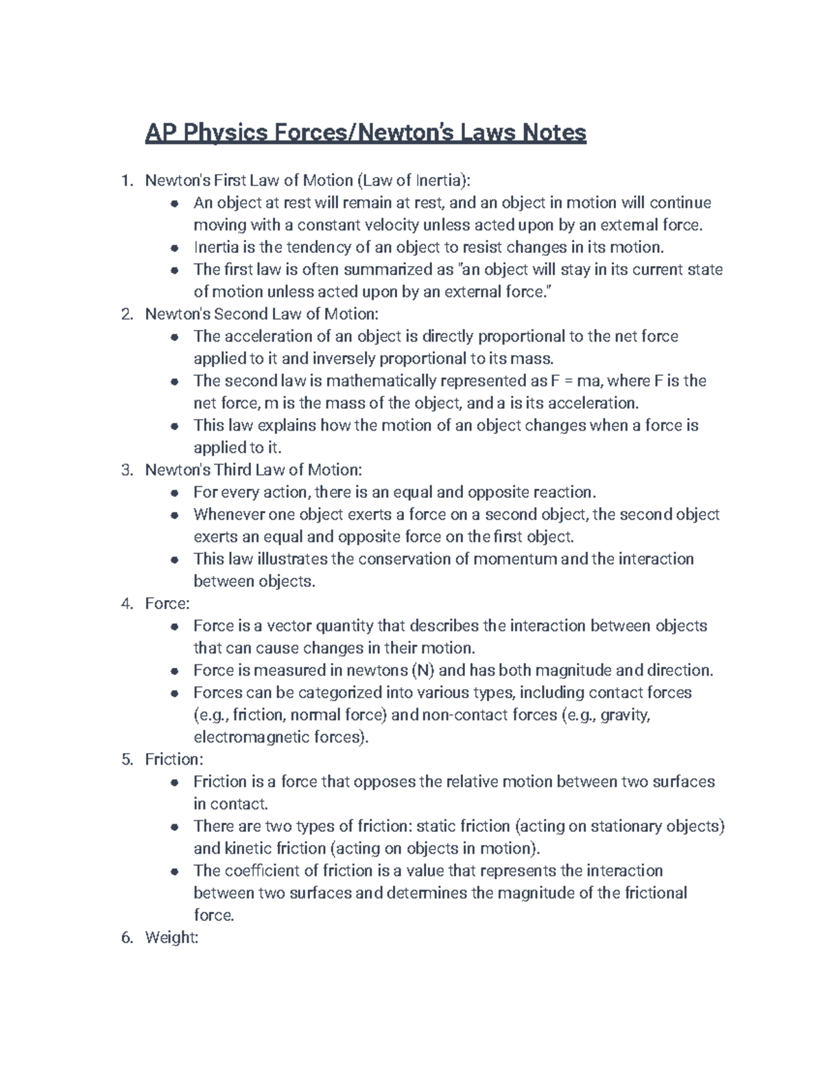 AP Physics Forces Newton's Laws Notes - AP Physics Forces/Newton’s Laws ...