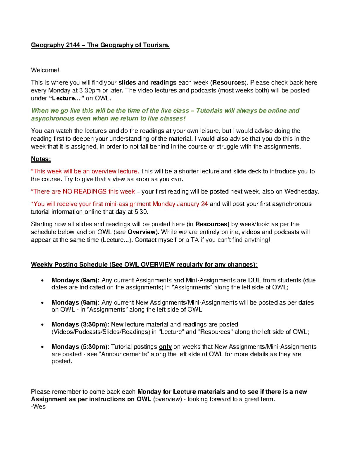Course syllabus outline for geography of tourism - Geography 2144 – The ...