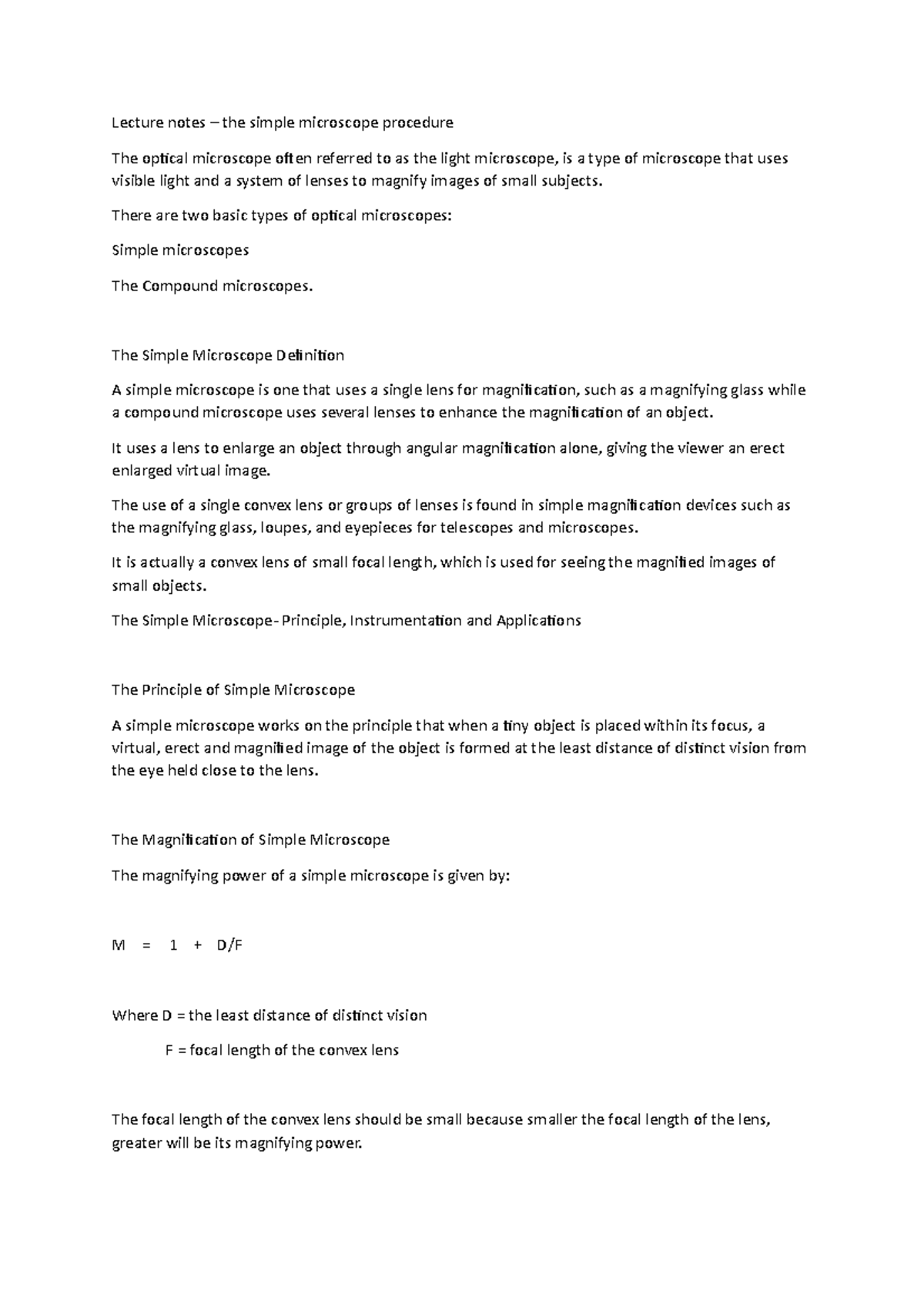 Lecture notes – the simple microscope procedure - Lecture notes – the ...