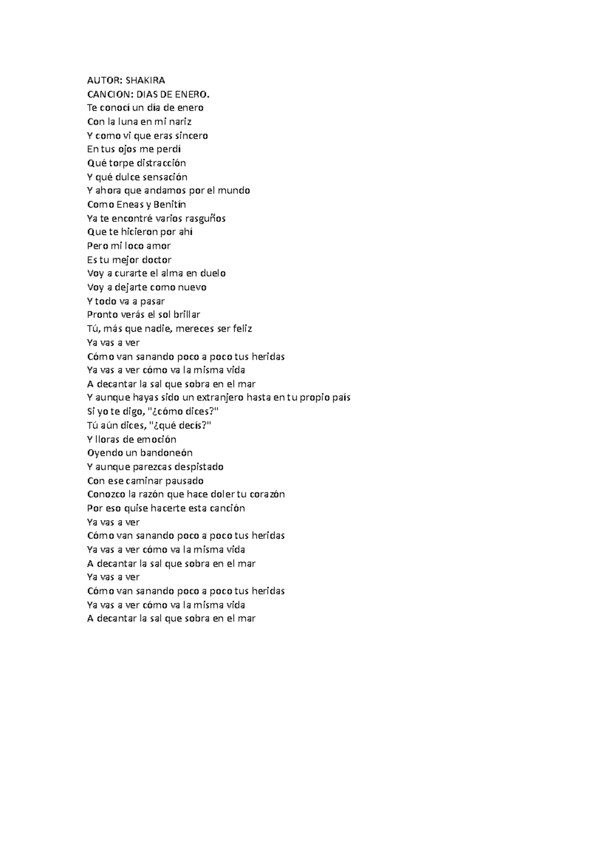 Shakira - AUTOR: SHAKIRA CANCION: DIAS DE ENERO. Te conocí un día de ...