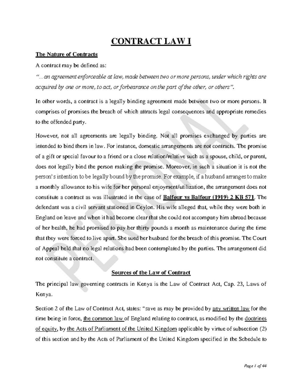 Contract LAW I- Introduction - CONTRACT LAW I The Nature of Contracts A contract may be defined ...