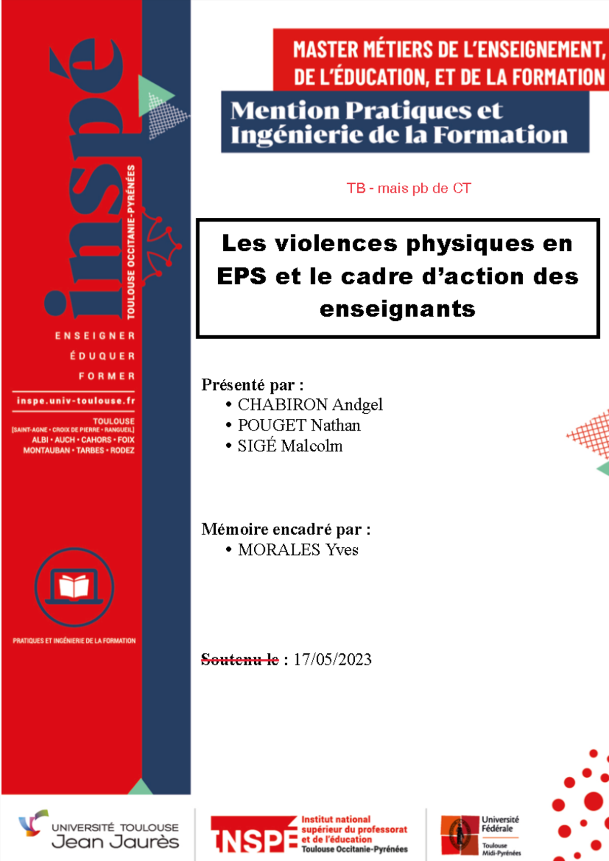 Mémoire sur les violences en EPS - Présenté par : • CHABIRON Andgel ...