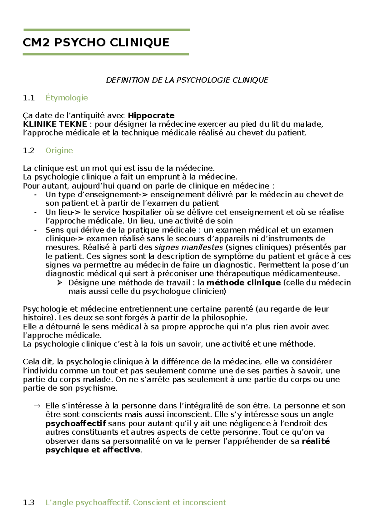CM2 Psycho Clinique - Notes de cours - CM2 PSYCHO CLINIQUE DEFINITION ...