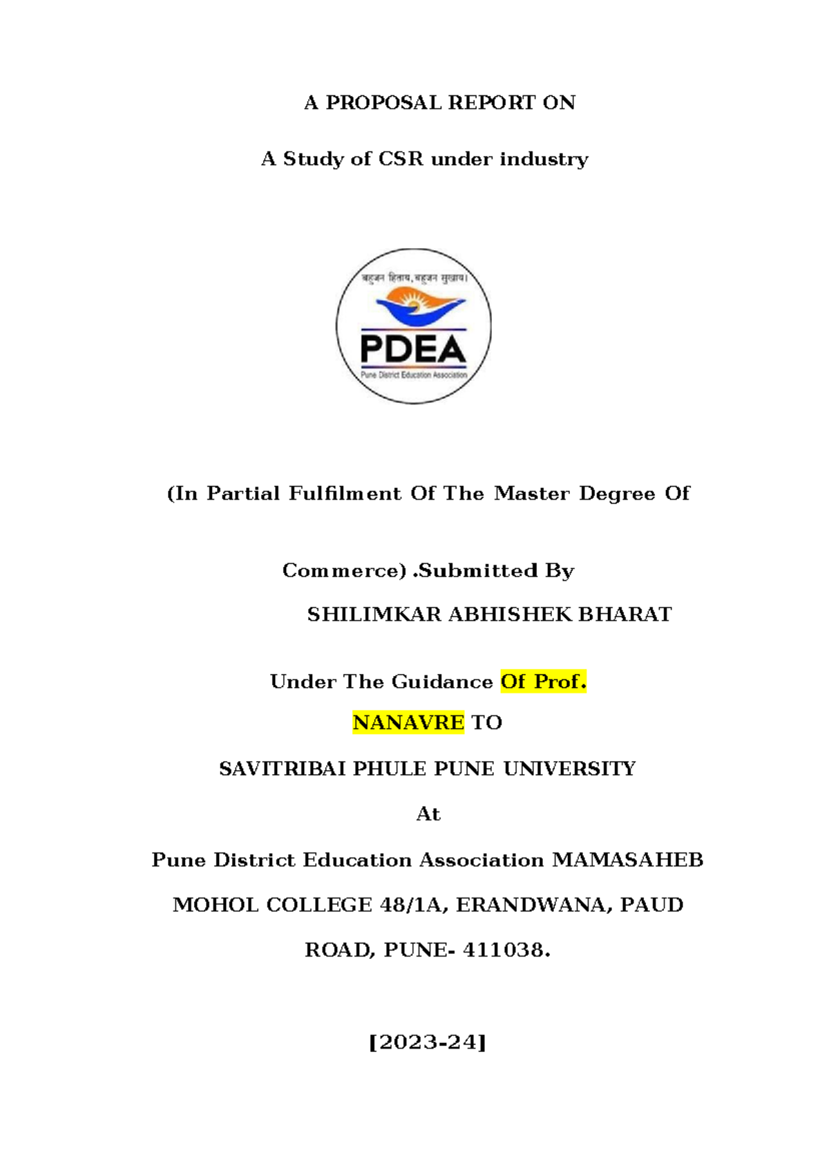 Mcom Part II Project Proposal - A PROPOSAL REPORT ON A Study of CSR under industry (In Partial ...