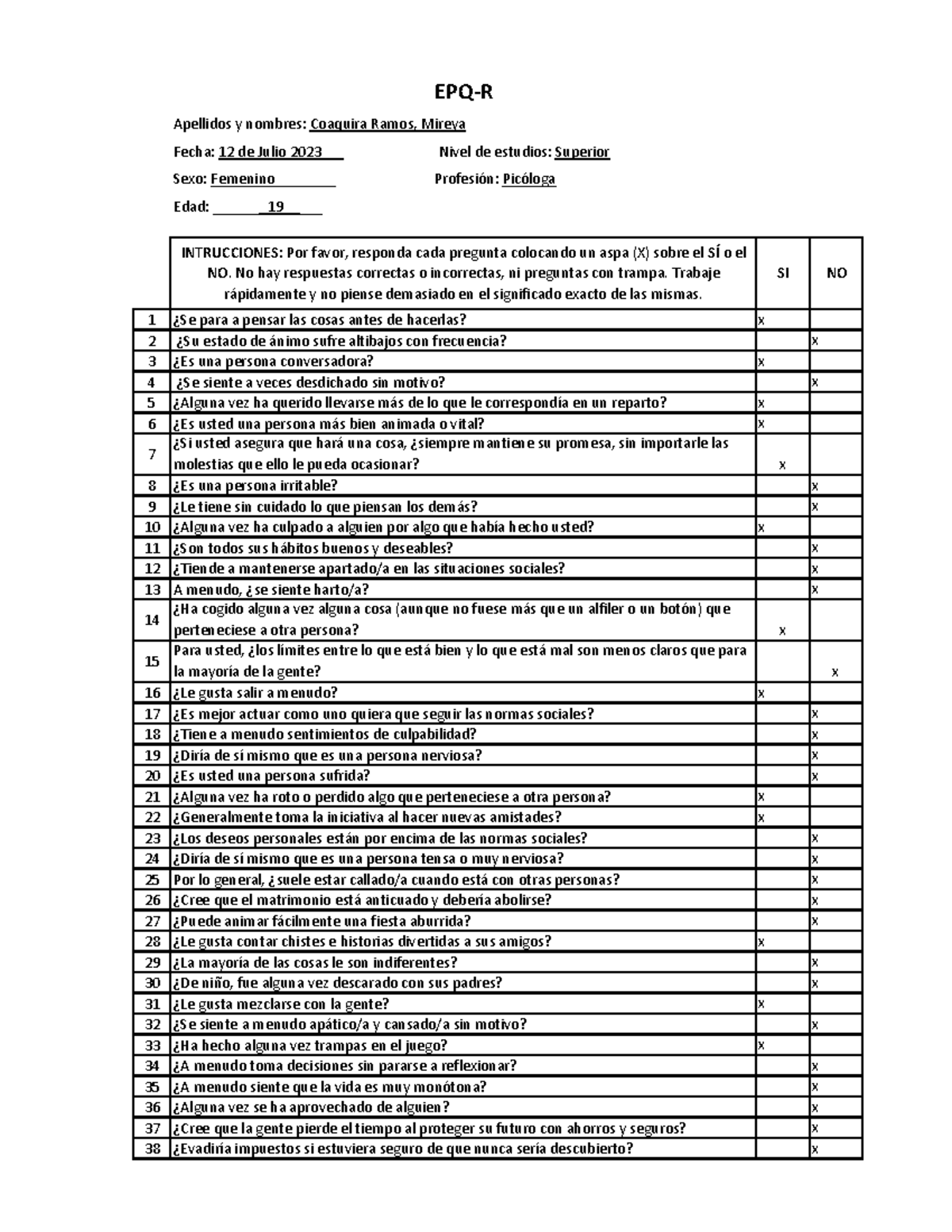 EPQ-R - Formato en Excel - EPQ-R Apellidos y nombres: Coaquira Ramos, Mireya Fecha: 12 de Julio ...