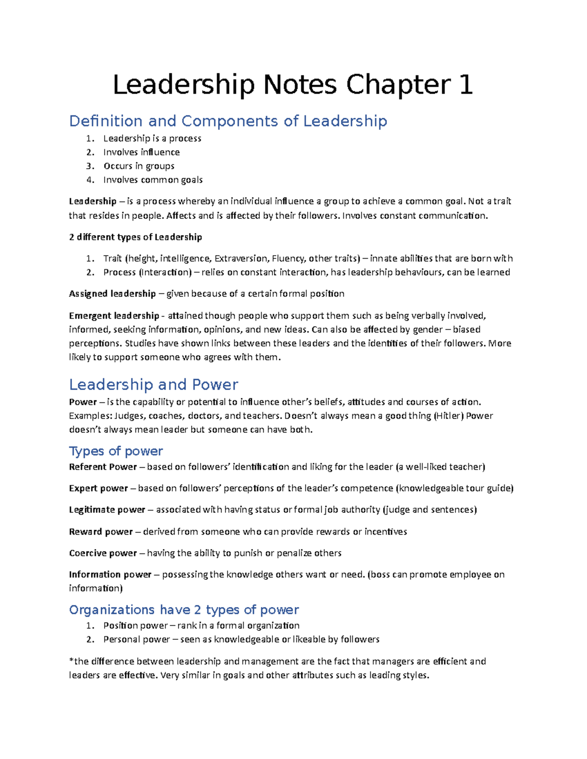 Leadership Notes Chapter 1 - 2. 3. 4. Leadership is a process Involves ...