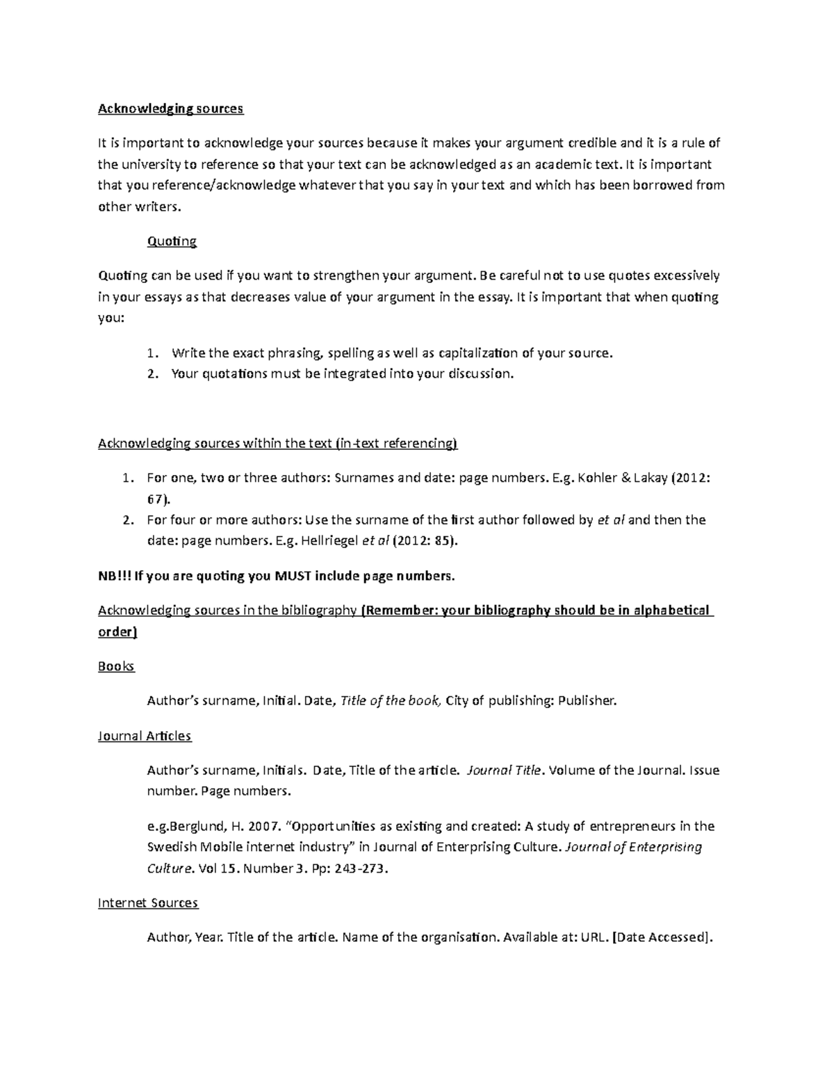 Referencing guidelines - Acknowledging sources It is important to ...