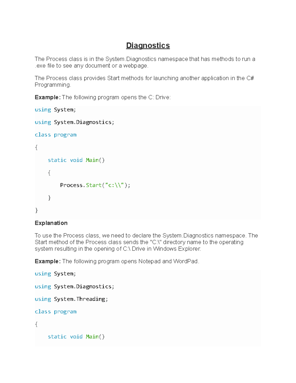UNIT-3 C# Notes 6TH SEM ECE - Diagnostics ####### The Process class is ...