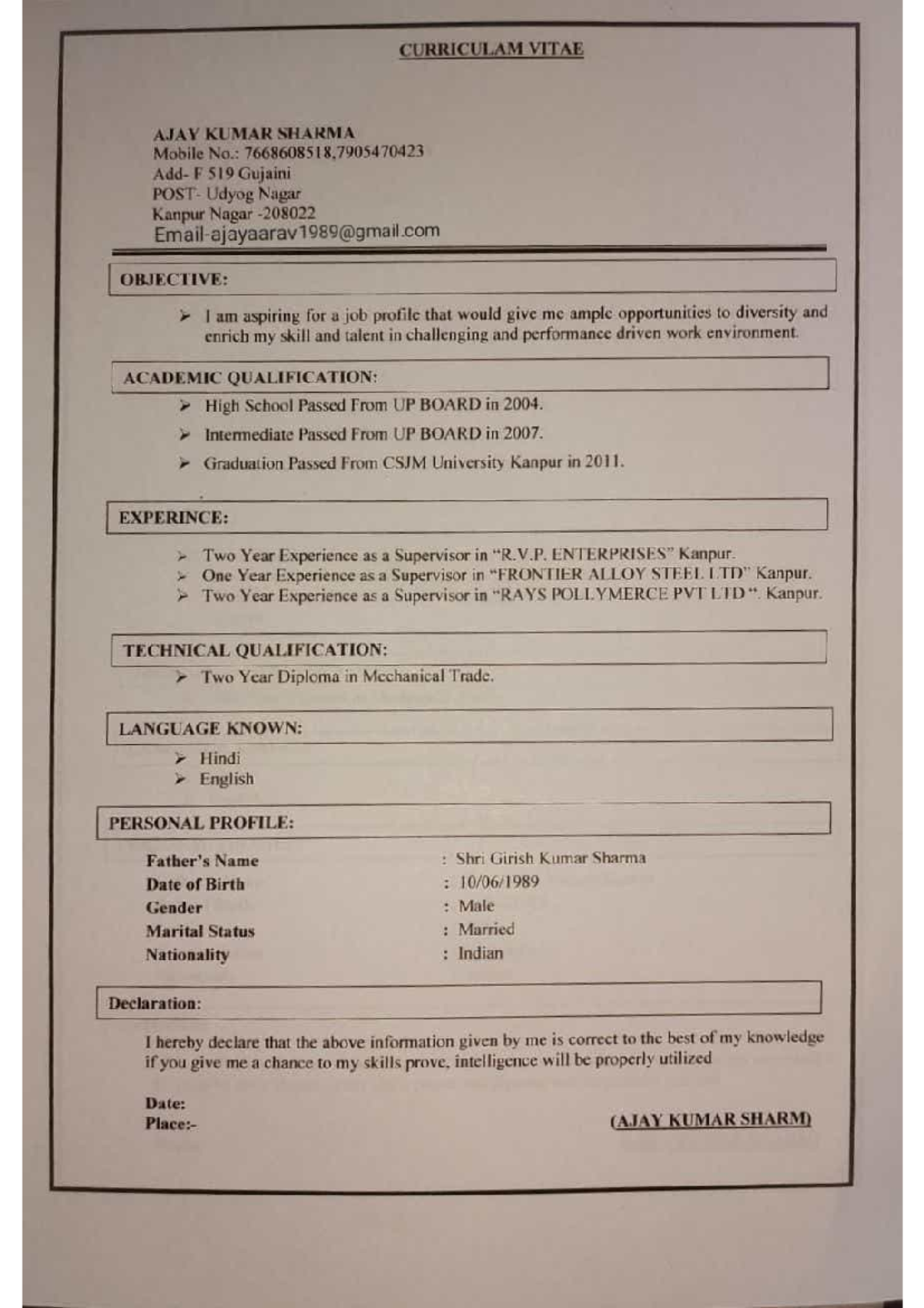 Doc Scanner Nov 3, 2022 7-31 PM - CURRICULAM VITAE AJAY KUMAR SHARMA Mobile No.: 7668608518, Add ...